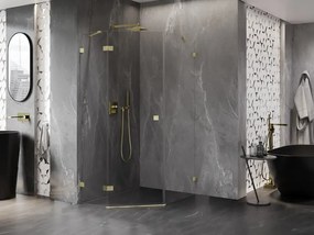 Mexen Lunar, pětiúhelníkový sprchový kout s levým sklonem 80 x 90 cm, 8mm čiré sklo, zlatý matný profil, 831-080L-090P-55-00-L