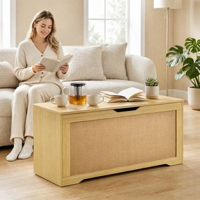 HOMCOM úložná truhla 108 L, úložná lavice s ratanovým čelem, sklápěcí víko, podpěrná rukojeť do předsíně, 80x40x45 cm, dub