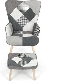 Relaxační křeslo ušák s podnožkou LYRO - šedá patchwork látka