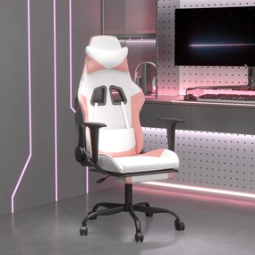 Herní židle s podnožkou bílá a růžová umělá kůže