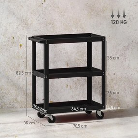 HOMCOM pojízdný vozík na nářadí, 3 police, s boční rukojetí a zajišťovacími kolečky, pro dílnu/garáž/sklad, nosnost 120 kg, 70,5 × 35 × 82,5 cm, černý