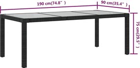 Zahradní stůl černý 190 x 90 x 75 cm tvrzené sklo a polyratan 316712