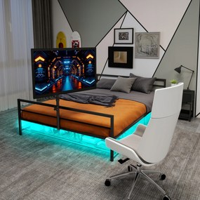 ČERNÁ KOVOVÁ HERNÍ POSTEL 206 CM, LED, NASTAVITELNÁ A KOŠE POD POSTELÍ