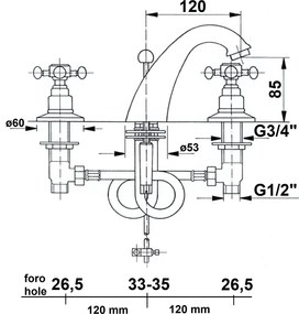 Reitano Rubinetteria ANTEA tříprvková umyvadlová retro baterie s výpustí, bronz 3026