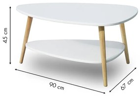Moderní konferenční stolek, police, dřevěné nohy, bílý
