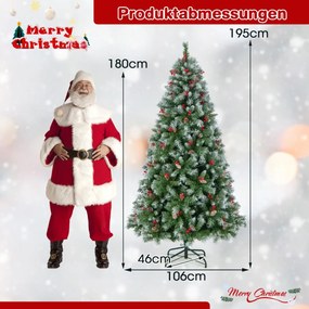 Costway Umělý vánoční strom 195 cm se světly, sněhem a šiškami a červenými