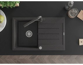 Mexen Bruno, 1-komorový granitový dřez s odkapávačem 795x495x200 mm a černá skvrnitá baterie Duero, černá skvrnitá, 6513-76-671600-76