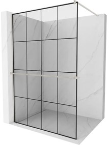Mexen Kioto+, sprchová zástěna Walk-In s poličkou a věšákem 130 x 200 cm, 8mm čiré sklo černý vzor, ​​broušená ocel profil, 800-130-121-97-77