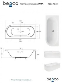 BESCO Asymetrická vana AVITA Nožičky k vaně - S nožičkami, Rozměr vany - 160 × 75 cm, Způsob provedení - Levé - VANAVIT160L+OLVPINOZ