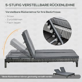 Outsunny polyratanové lehátko zahradní lehátko pro 2 osoby relaxační lehátko 5-stupňové opěradlo kov & PE ratan 196x120x28cm pro zahradu a terasu | A…