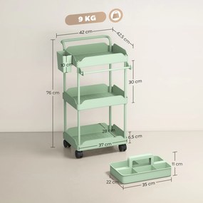 HOMCOM příruční vozík na kolečkách, 3 úrovně, kuchyňský vozík s vyjímatelnými koši a držákem na ručníky, zelený