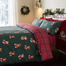 Červené/tmavě zelené povlečení na jednolůžko 150x120 cm Christmas Tartan Teddy Bear – Catherine Lansfield
