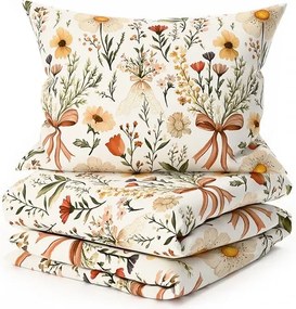 Sada krepového povlečení FLORAL RIBBON POLY barevné + prostěradlo Jersey 180 x 200 cm světle béžové, dvoulůžko