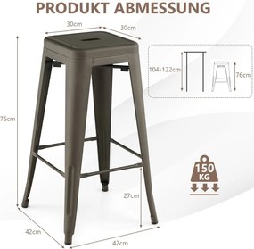 Costway Sada 4 barových stoliček s podnožkou Výška sedáku 76 cm až 150 kg