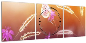 Obraz - Růžový motýl (s hodinami) (90x30 cm)