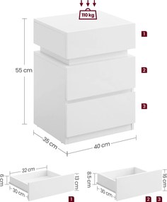 Noční stolek 2 kusy set, s LED osvětlením, 35×40×55 cm, oblačně bílý