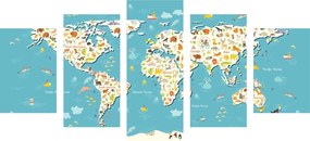 5-dílný obraz dětská mapa se zvířátky - 100x50 cm