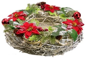 Vánoční zdobený věnec Poinsetie a proutí, 30 cm