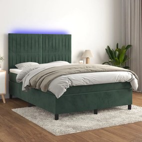 Box spring postel s matrací a LED tmavě zelená 140x200 cm samet 3136248