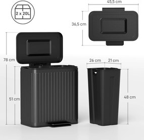 Kuchyňský odpadkový koš, 2 přihrádky po 20 l, efektivní třídění odpadu, nožní pedál, plast, kov, černý