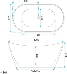 Volně stojící akrylátová vana REA FERRANO SLIM NATURE 170x73 cm mramor, sifon Click-Clack - kartáčovaná měď