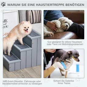 PawHut schody pro psy s 3 stupni a kobercem, úložný prostor, šedé, 40,5x44,5x38 cm pro malé psy a kočky | Aosom.de