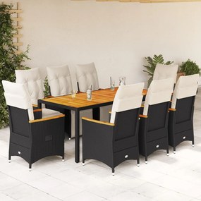 9dílný zahradní bistro set s poduškami černý polyratan 3276964