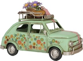 Zelený kovový retro model auta Fiat s květy - 26*12*18 cm
