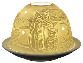 Bílý porcelánový svícen na čajovou svíčku se sovami ve větvích stromů – 12x8 cm