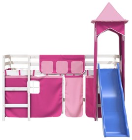 Dětská patrová postel s věží růžová 90 x 200 cm masiv borovice - Default Title