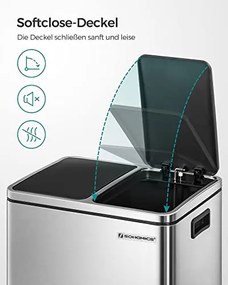 Songmics Dvojitý odpadkový koš na tříděný odpad 2x15 l, stříbrný LTB30H