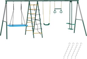 houpací rám 5 v 1 s nastavitelným hnízdem Gymnastické kruhy Dvoumístná prolézačka pro 3-8 let 440x175x203 cm