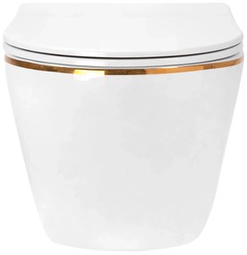 Rea Carlo Mini Tornado, závěsná WC mísa 490x355x350mm + toaletní sedátko, bílá-zlatý okraj, REA-C6801