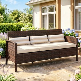 Outsunny Zahradní ratanová pohovka Outsunny, třímístná, s polštáři, ocelový rám, hnědá, 173x68x78 cm, ideální na terasu a zahradu |