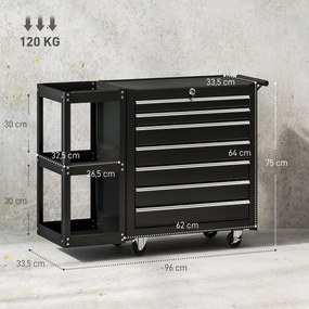 Dílenský vozík Vozík na nářadí se 7 zásuvkami odnímatelná boční police 4 kolečka s parkovací brzdou, 96x33,5x75cm, černá barva