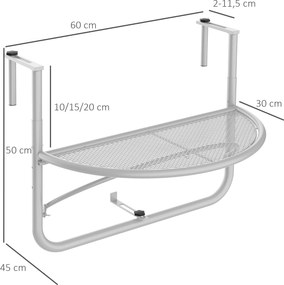 Outsunny balkonový závěsný stolek výškově nastavitelný půlkruhový zahradní stolek Ø30 cm na terasu Kov Bílá D60 x Š45 x V50 cm | Aosom.de