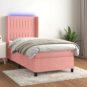 Box Spring Postel S Matrací A Led Samet Růžová Svislé pruhy 80 x 200 cm