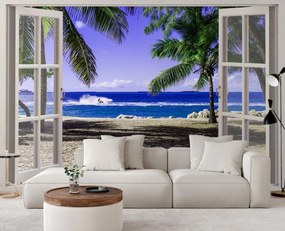 Fototapeta, Okno s výhledem na tropickou pláž - 280x200 cm