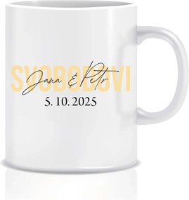 Personalizovaný klasický bílý keramický hrníček 300 ml se jmény novomanželů