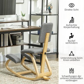 HOMCOM Ergonomická Kolenní Židle s Opěrkou, Houpací Kolenní Sedák, Ergonomická Dřevěná Židle, Ortopedická Kancelářská Židle, Korektor Držení Těla, Úl…