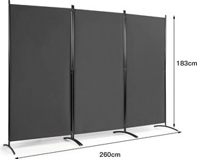 Costway 3 panelový dělič pokojů Skládací látková zástěna – 260 × 183 cm, šedá