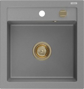 Mexen Vito, granitový dřez 520x490x210 mm, 1-komorový, šedá se zlatým sifonem, 6503521000-71-G