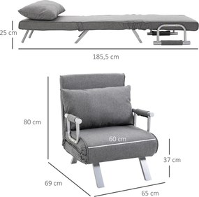 HOMCOM Rozkládací pohovka s područkou 65x69x80cm Rozkládací pohovka 3 v 1, lůžko pro hosty, lehátko, polyester podobný lnu, šedá| Aosom