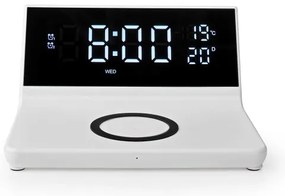 Nedis WCACQ20WT - Budík s LCD displejem a bezdrátovou nabíječkou 15W/5V bílá