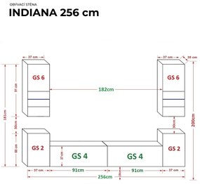 Ral Obývací stěna INDIANA 3, 256 cm - Černý lesk