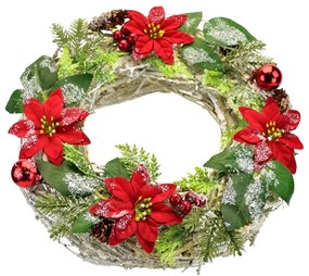 Vánoční zdobený věnec Poinsetie a proutí, 30 cm