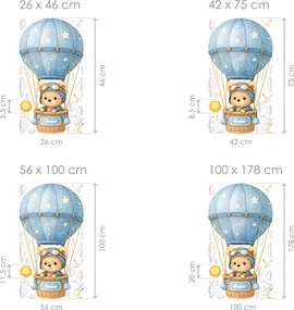 Medvídek v balónu se jménem samolepky na zeď arch 26 x 46 cm