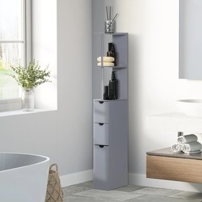 HOMCOM Moderní sloupcový koupelnový kabinet s 2 policemi, 2 zásuvkami a 1 bezpečnostním dvířkami 15x33x136,5 cm Šedý