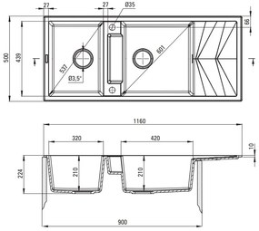 Deante Magnetic, 2-komorový granitový dřez s odkapávačem 1160x500x224 mm, šedá metalíza, DEA-ZRM_S213
