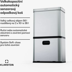 Klarstein Touchless, senzorový odpadkový koš, 56 l, z nerezavějící oceli, 3 koše, Soft-Close zavírání, napájen baterií, LED displej, časovač